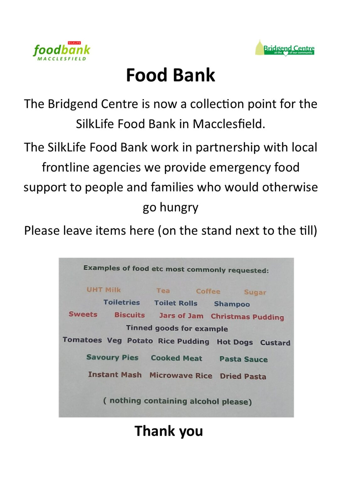 Food Bank collection point at Bridgend – Bridgend Centre